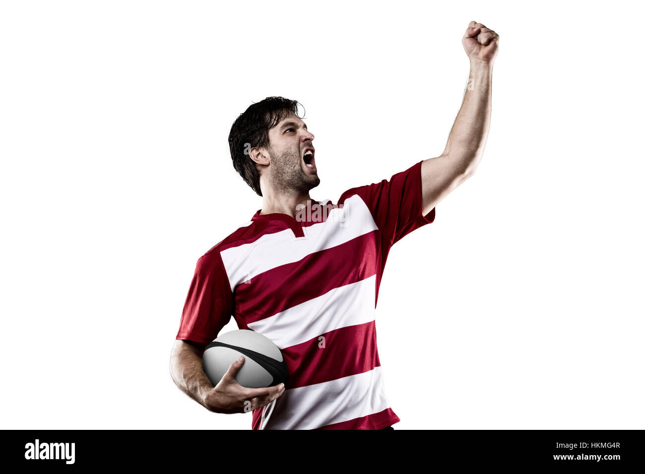 Rugby player in a red uniform celebrating. White Background Stock Photo ...
