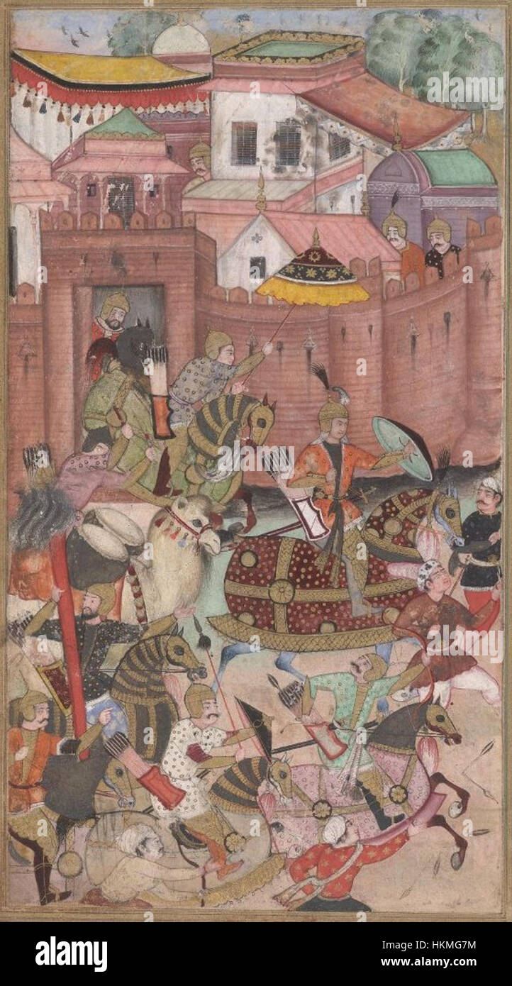 This artwork depicts Babur, the founder of the Mughal Empire, leading ...