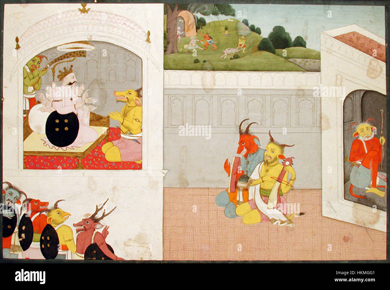 This painting depicts a demon king seated in a pavilion, attended by ...