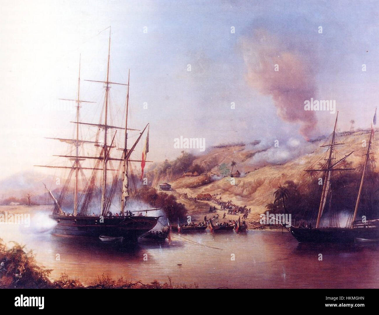 The Battle of Rio Nunez, fought in 1849, is depicted in this painting ...