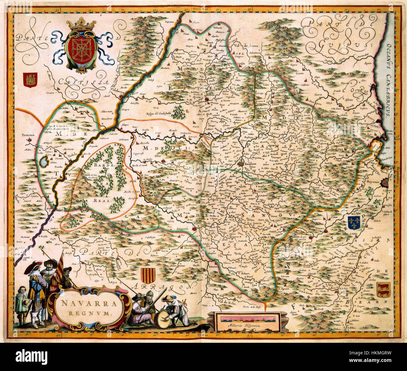 This piece from the Van der Hagen Atlas shows a map of Navarra, an ...