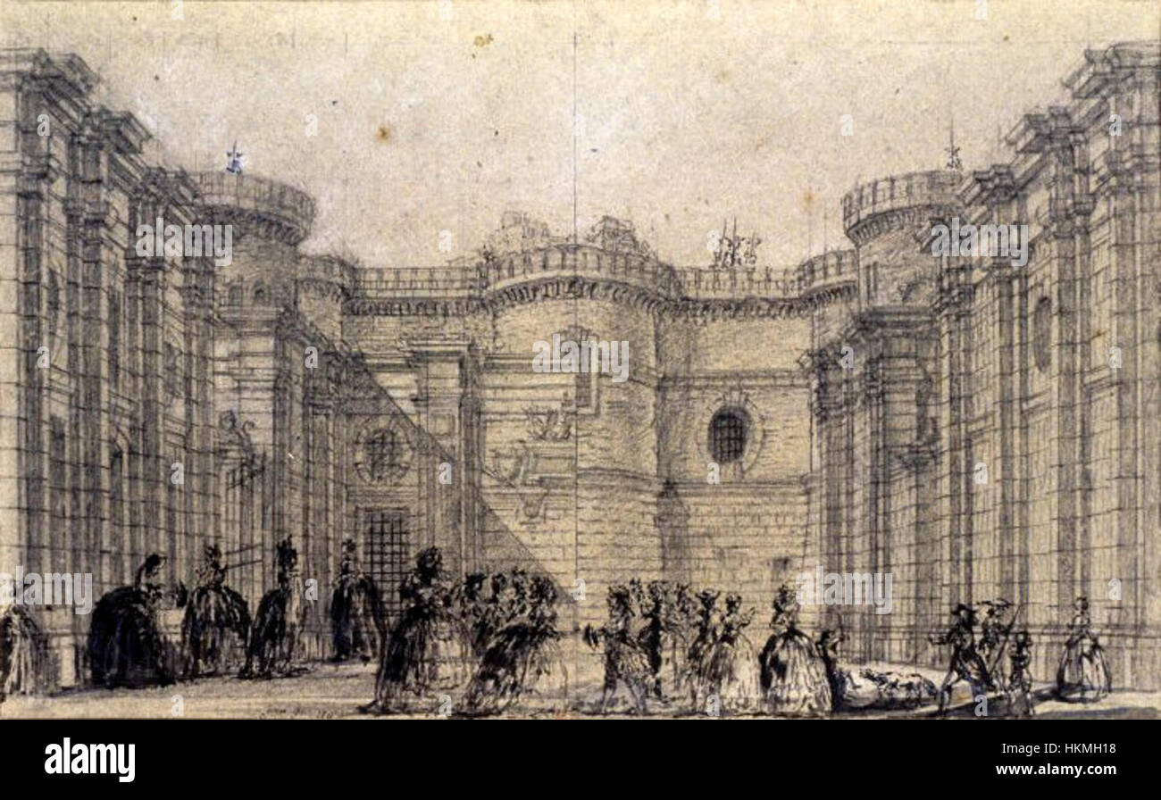 The 1785 painting of the Bastille Courtyard depicts a historical scene ...