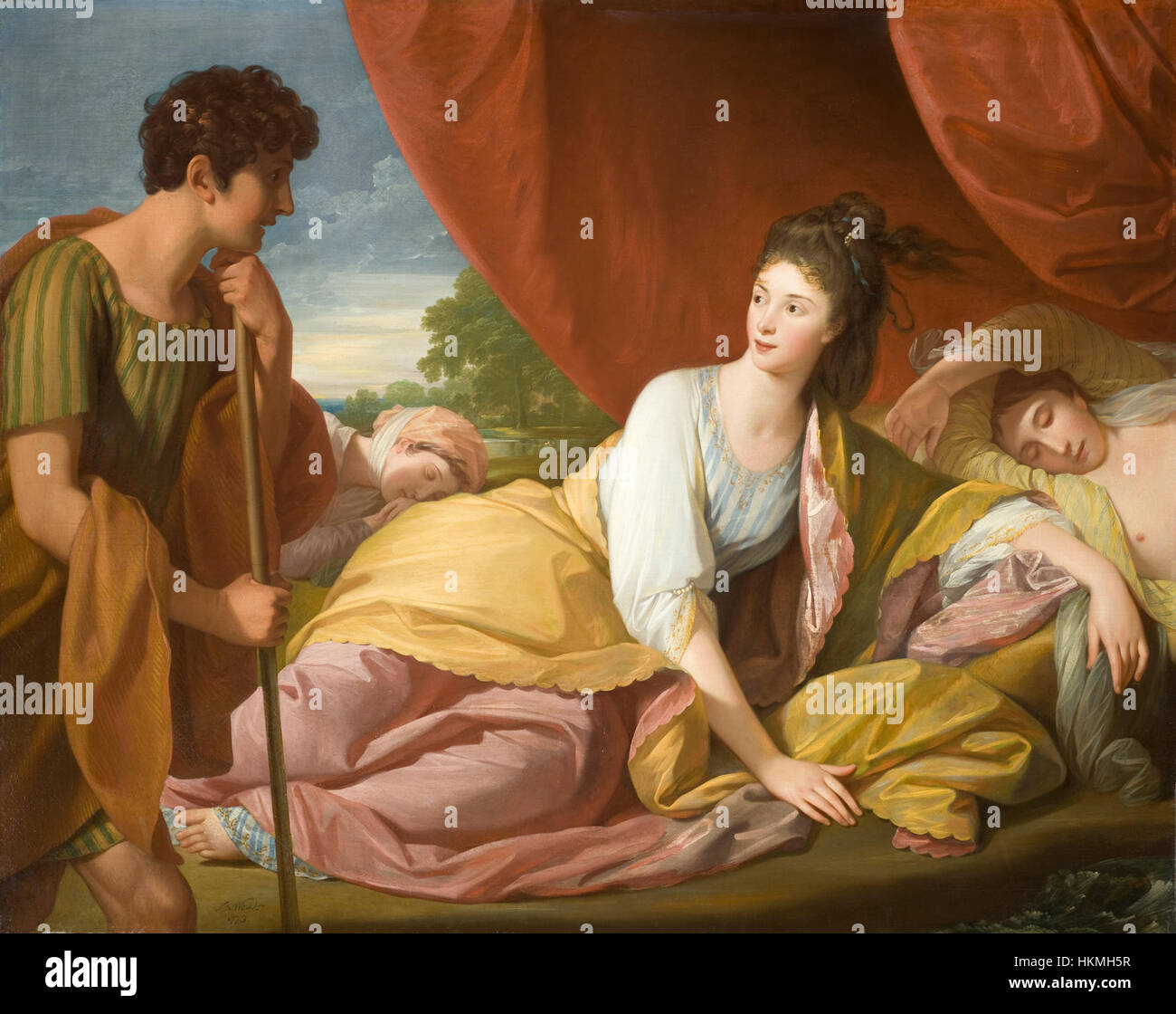 An oil painting by Benjamin West titled 'Cymon and Iphigenia ...