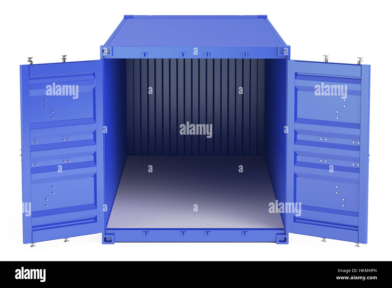 blue opened empty cargo container, front view. 3D rendering isolated on ...