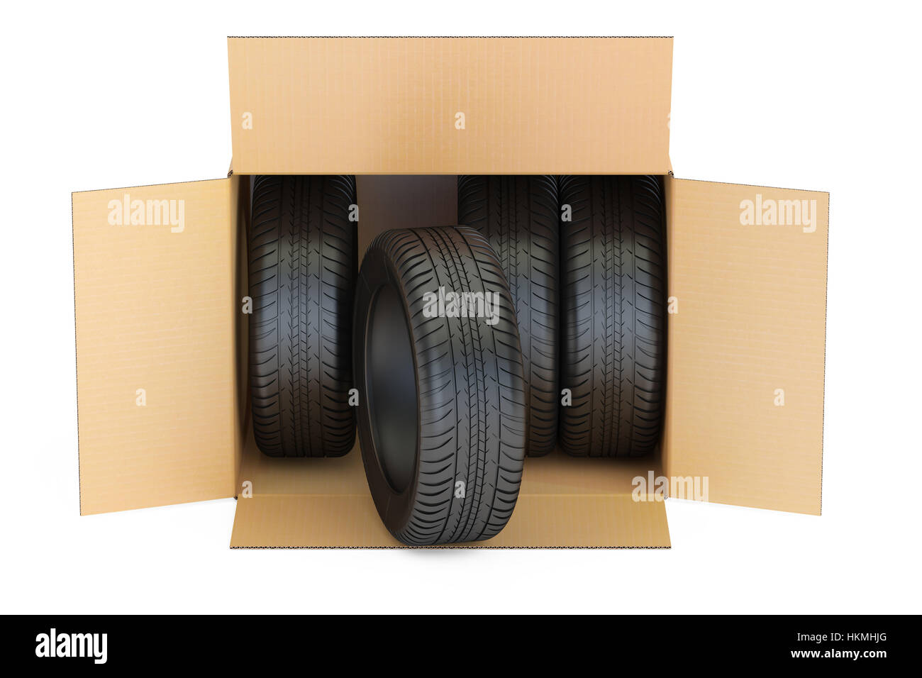 Opened Cardboard Box with Tires closeup, 3D rendering isolated on white ...
