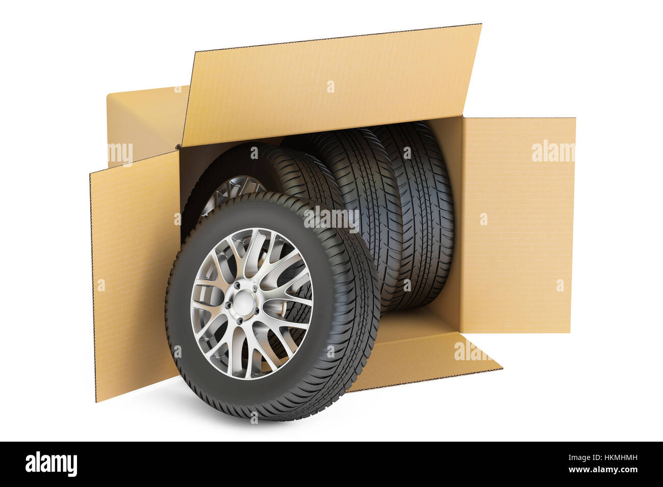 Opened Cardboard Box with Car Wheels, 3D rendering isolated on white ...