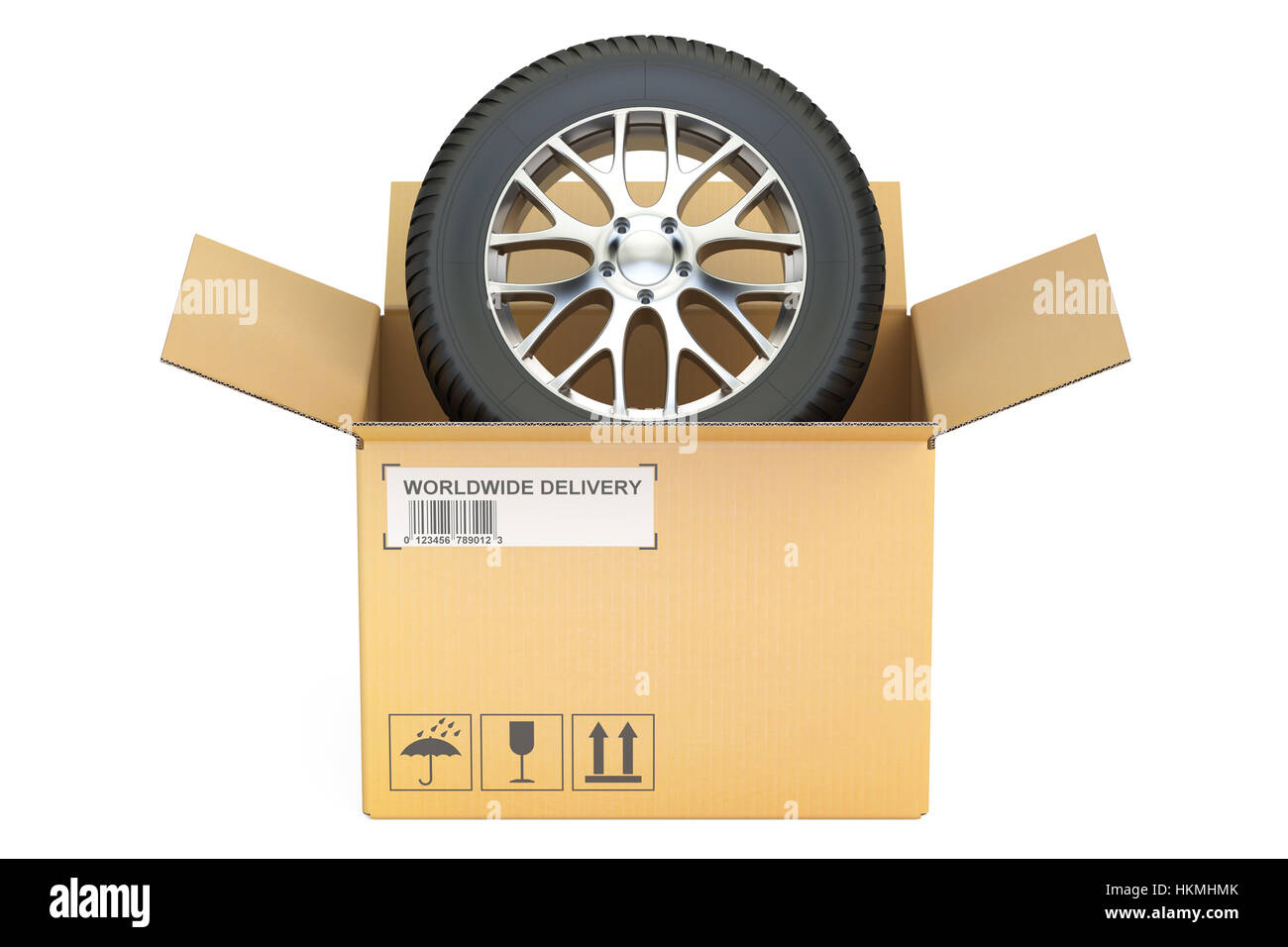 Opened Cardboard Box with Wheel, 3D rendering Stock Photo - Alamy
