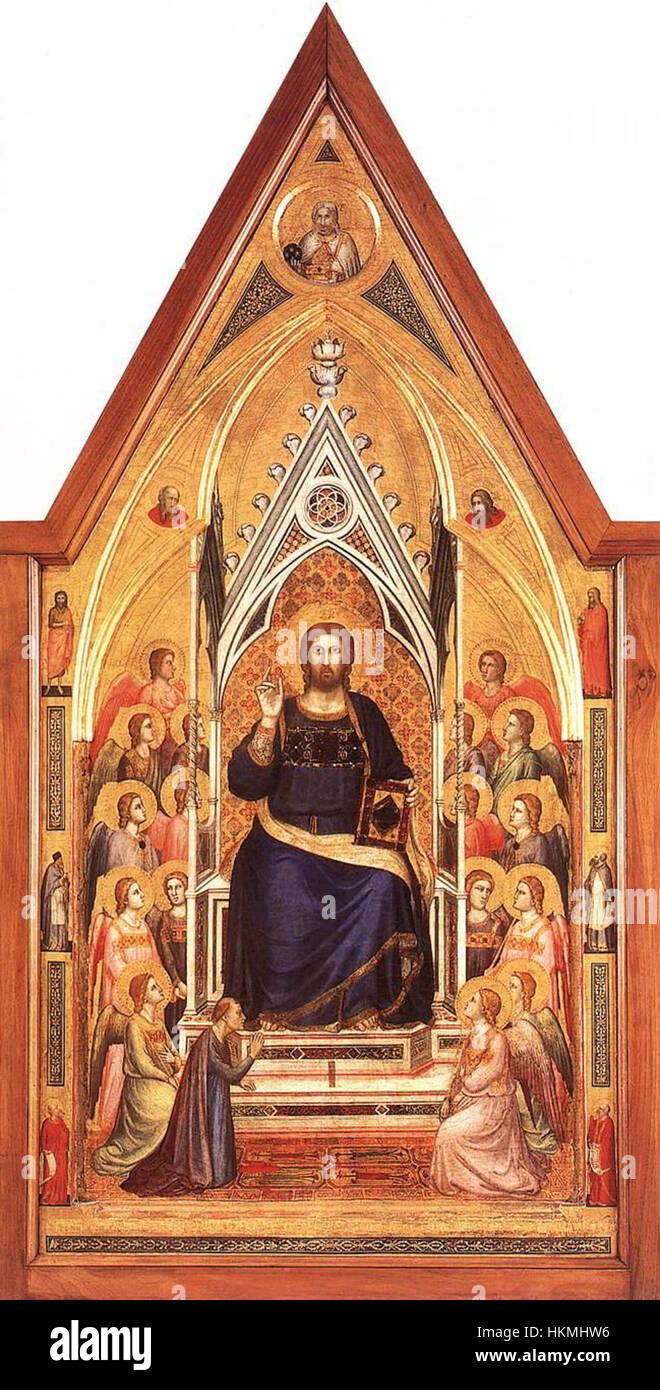 Giotto’s *Stefaneschi Triptych* features a central panel with Christ Enthroned, showcasing ...