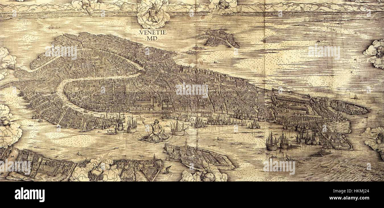 A detailed 16th-century map of Venice by Jacopo de' Barbari, showcasing ...