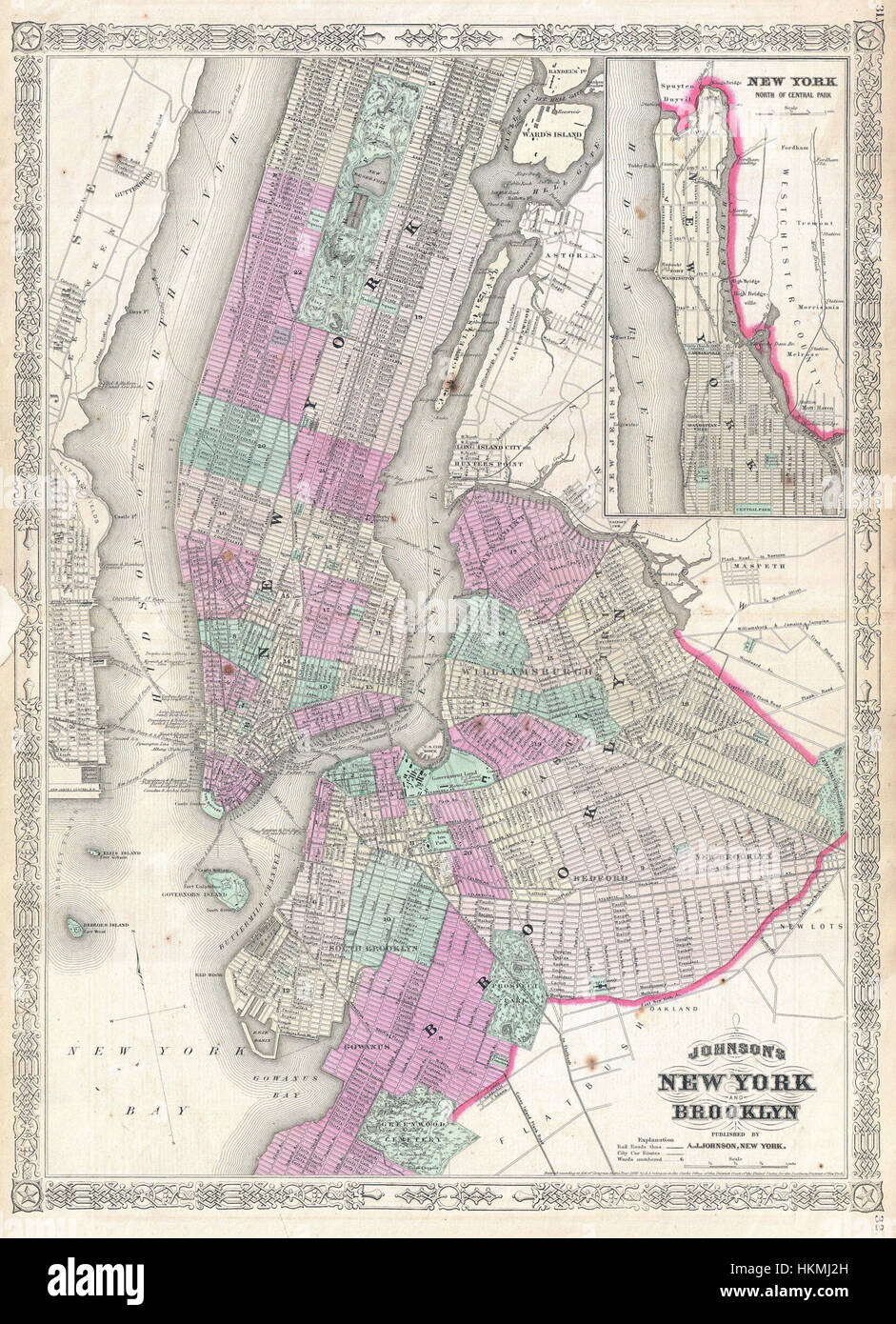 This 1866 map of New York City and Brooklyn, created by A.J. Johnson ...