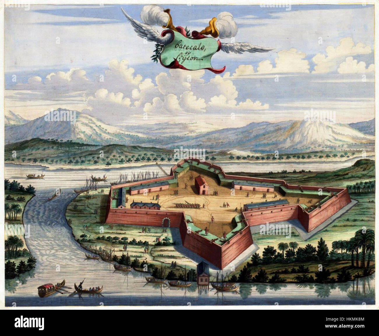 This antique print from 1672 depicts the Batticaloa Fort, located in ...