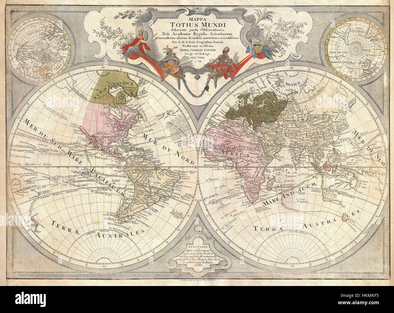 This 1775 map by Lotter represents the world on a hemisphere projection ...