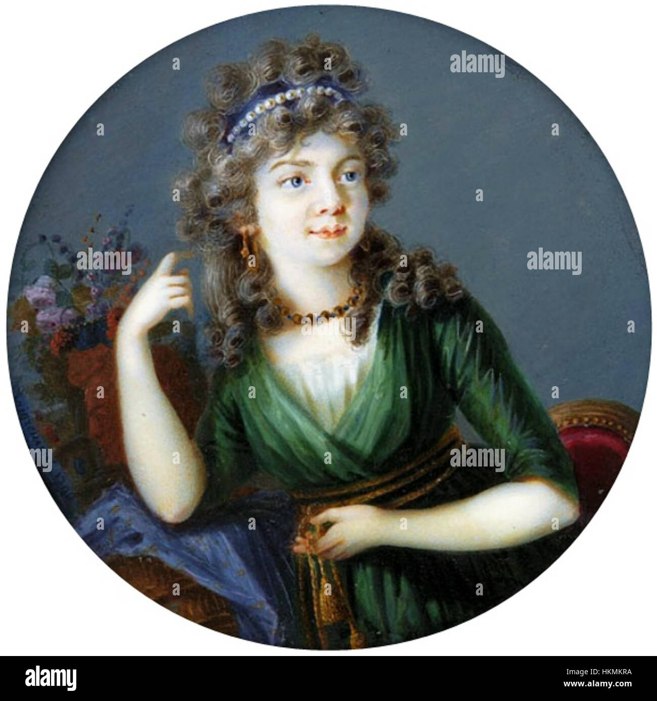 This painting depicts a woman in a green dress, showcasing an elegant ...