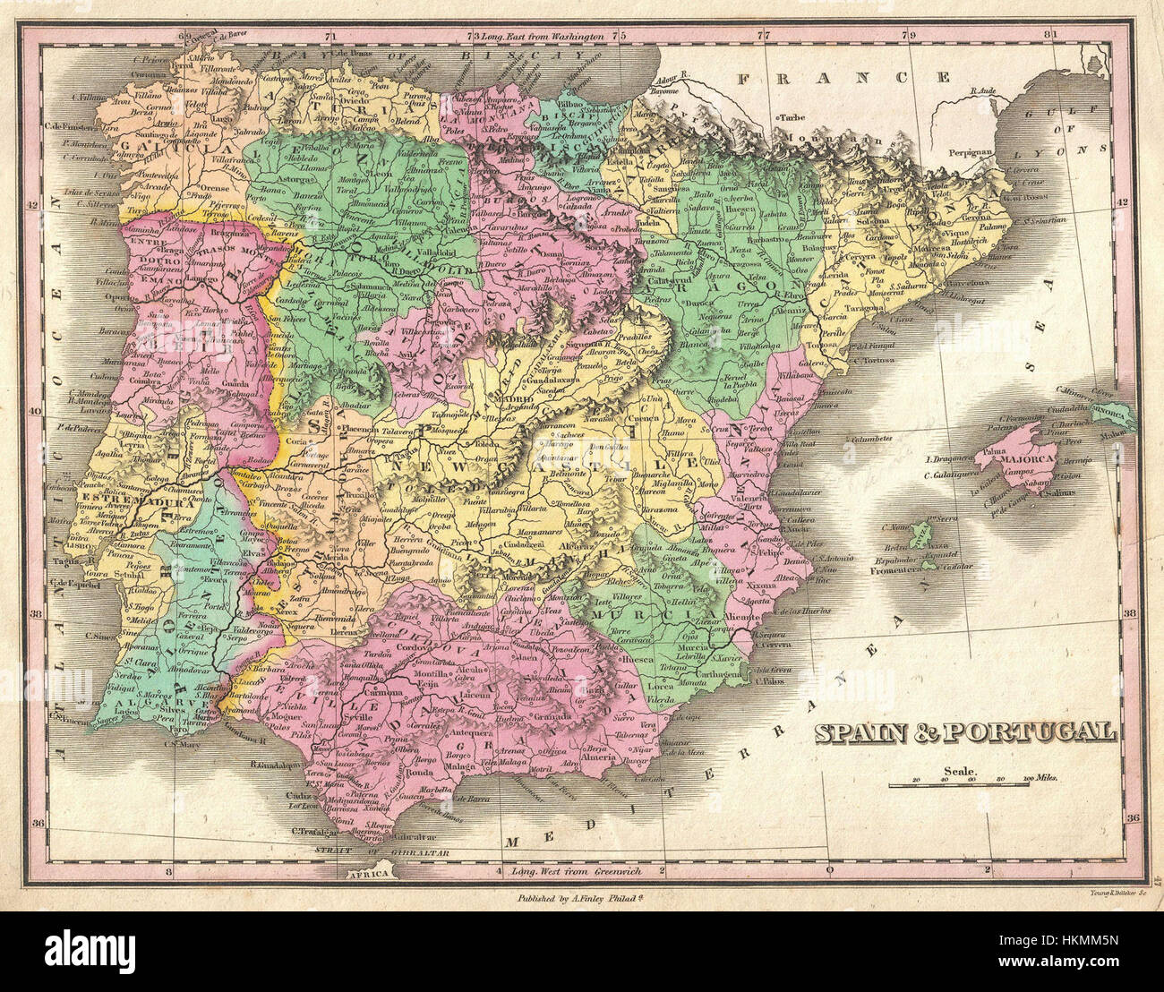 This finely detailed 1827 map of Spain and Portugal provides a ...
