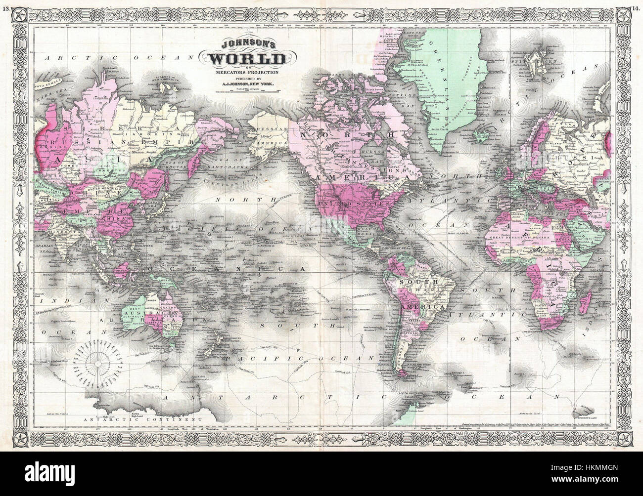 The 1865 Johnson Map of the World on the Mercator Projection offers a ...