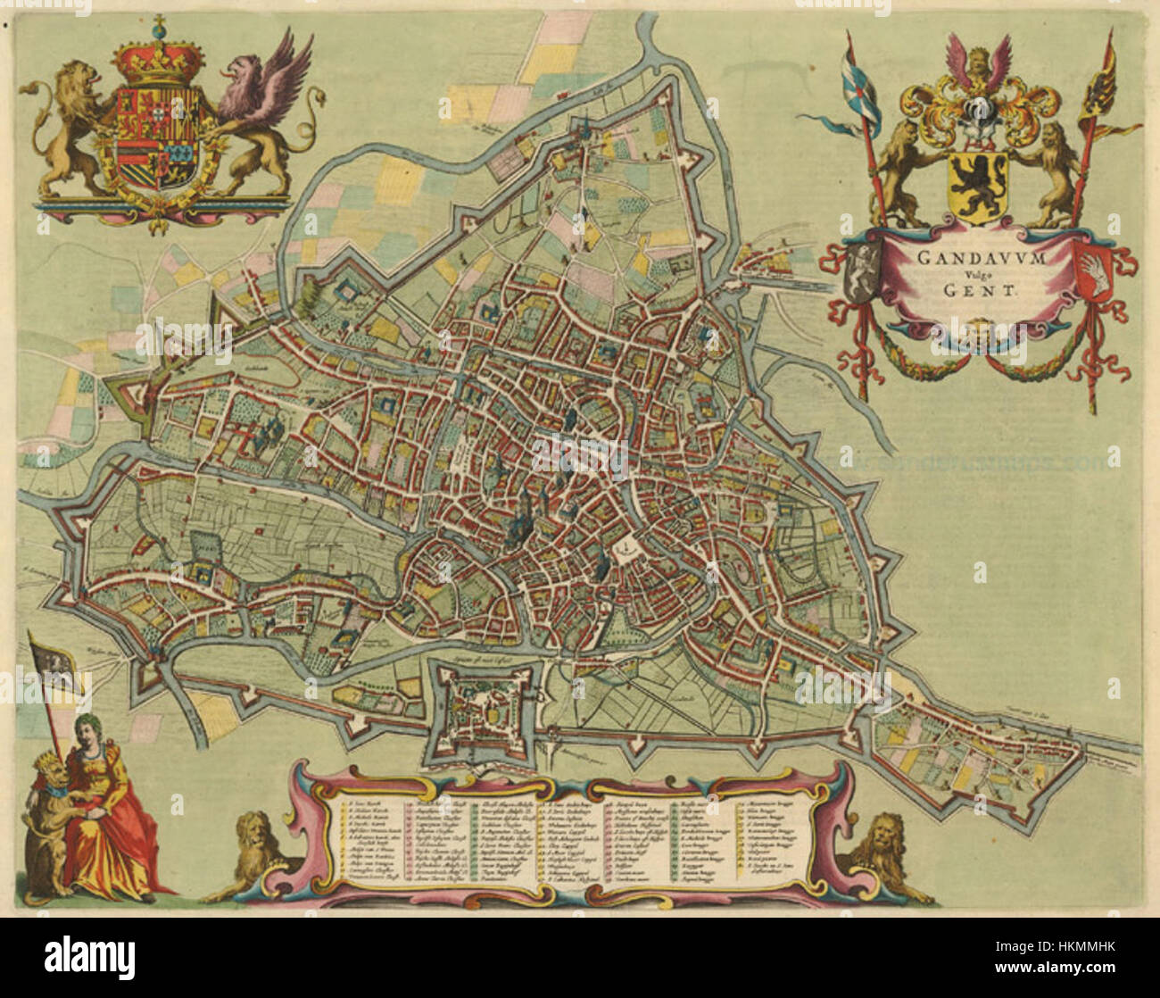 An antique map of Gent (Ghent), created by the Blaeu family in 1649 ...