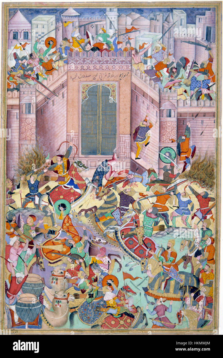 This painting depicts a dramatic historical scene where a fort is under ...