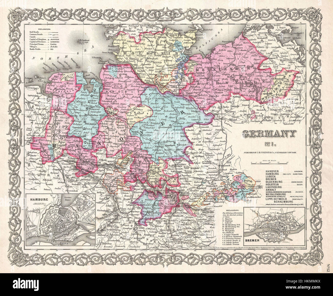 This 1855 Colton map illustrates the regions of Hanover and Holstein in ...