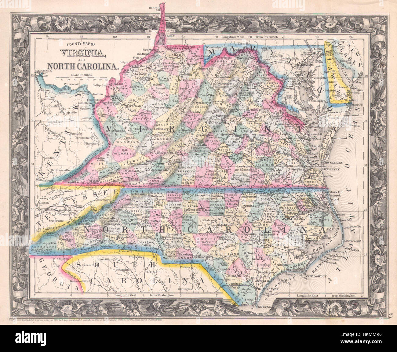 This 1860 Mitchell map depicts Virginia and North Carolina in their pre ...