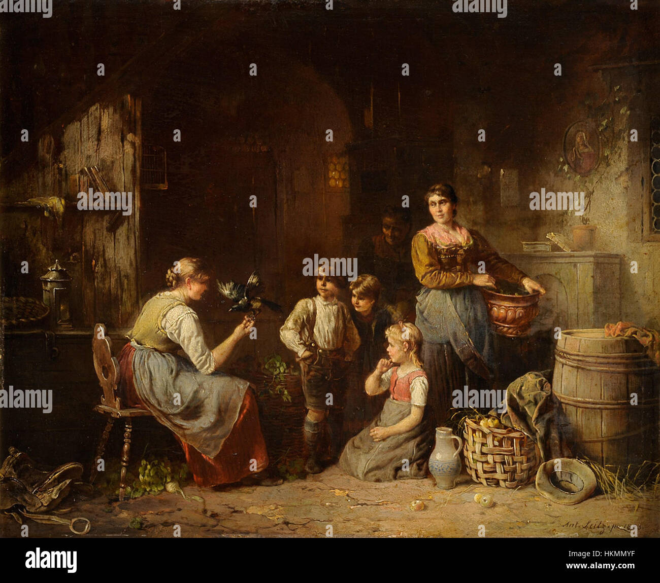 Anton Seitz's Ein gefiederter Freund (A Feathered Friend) from 1883 depicts a bird perched on a ...