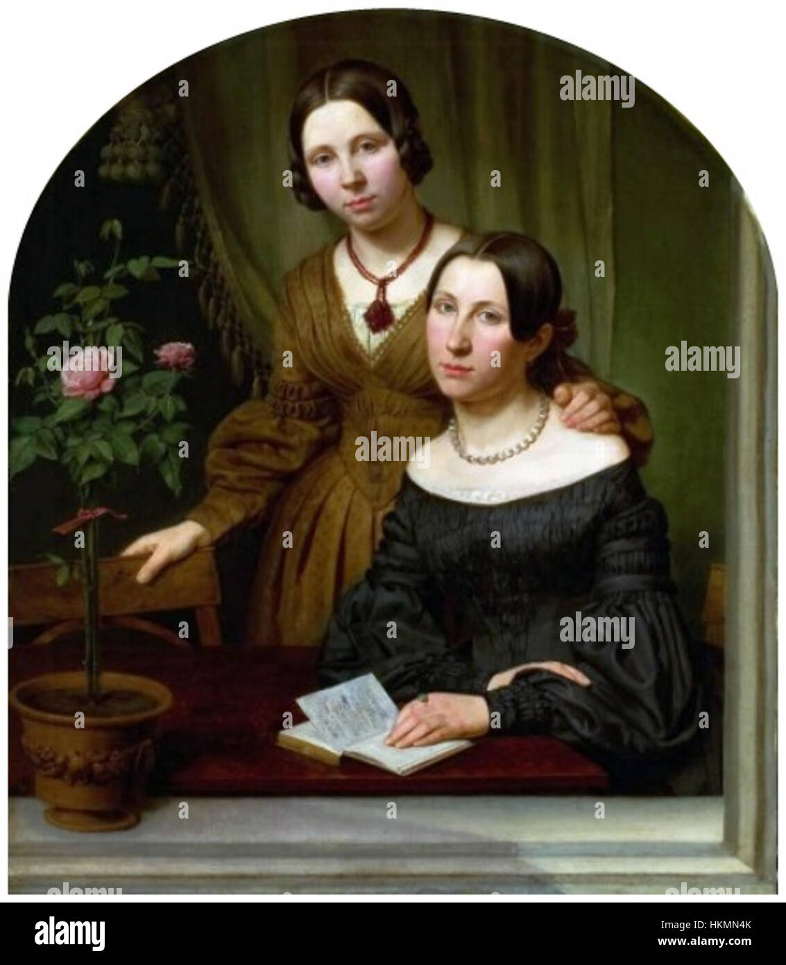 This portrait, originating from Germany, features two women in a formal ...