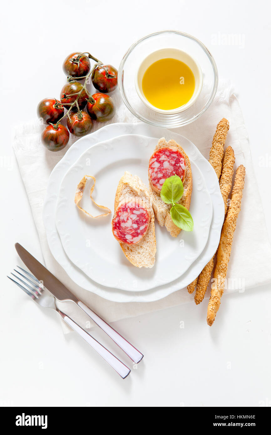 sandwich with salami. Space for writing text. Italian style Stock Photo ...