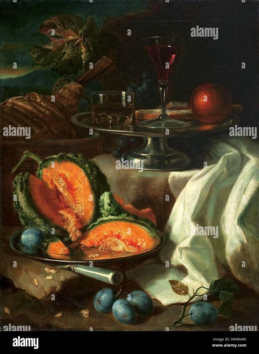 'Still Life with a Musk Melon' by Tamm is a detailed oil painting that ...