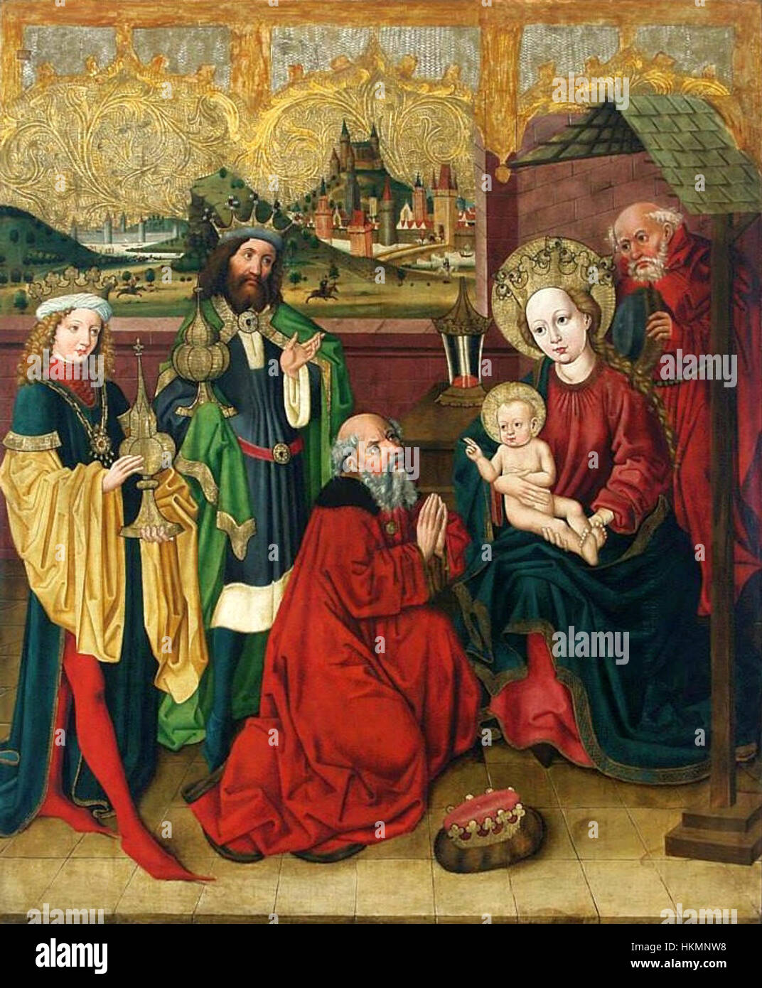 This classic religious artwork depicts the *Adoration of the Magi*, capturing the biblical ...