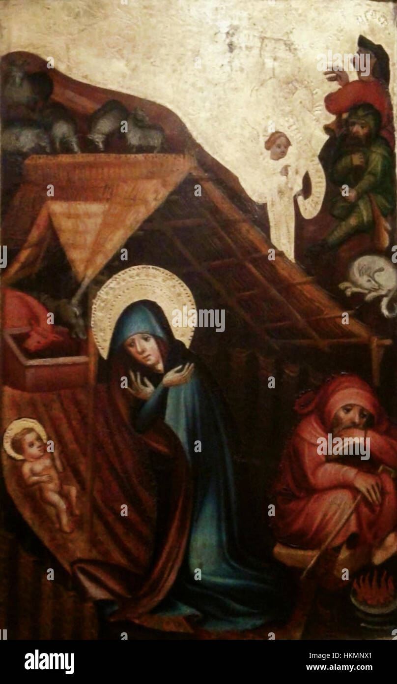 A Franco-Flemish oil painting of the Adoration of the Child, depicting ...