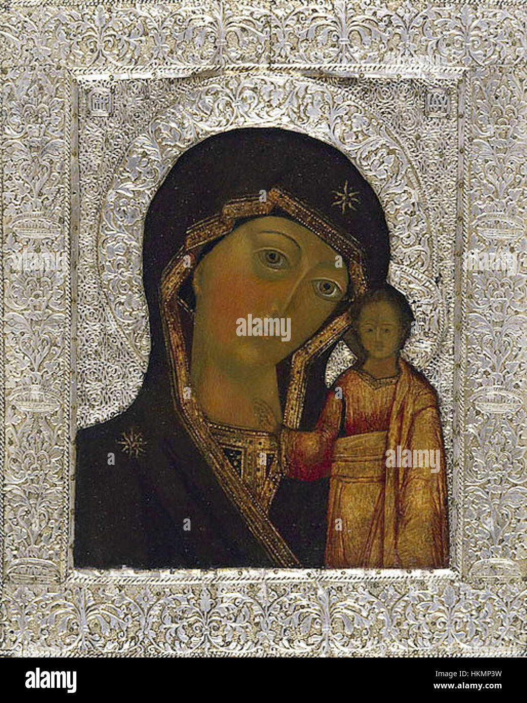 This painting depicts the revered icon of Our Lady of Kazan, a significant religious image in ...