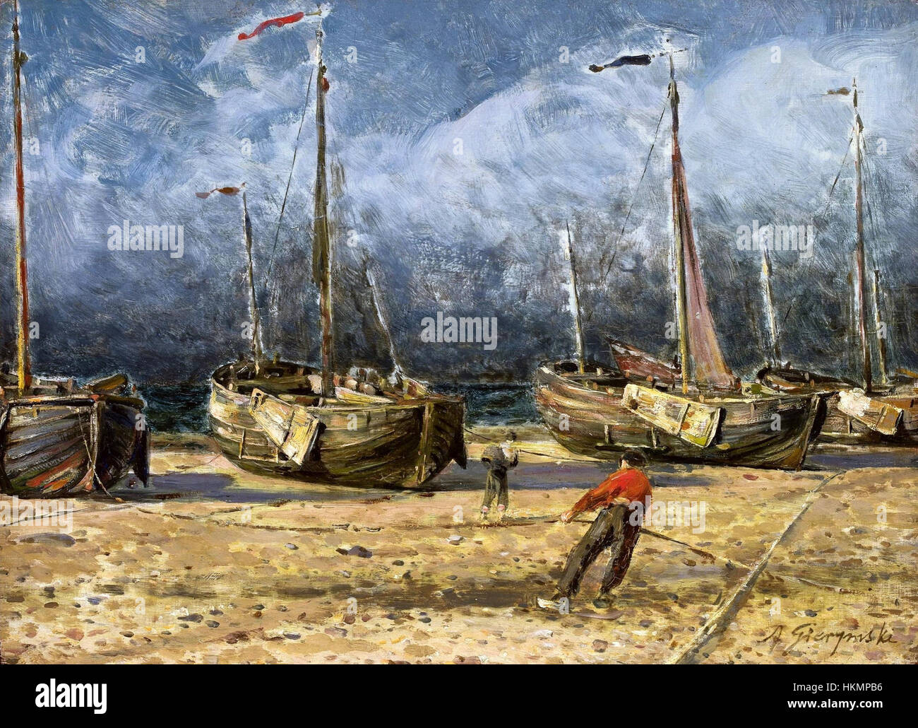 This painting by Aleksander Gierymski depicts fishing boats anchored at ...
