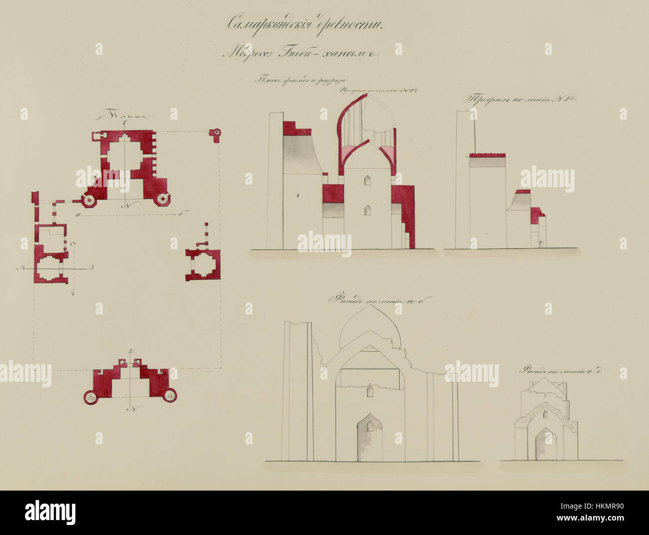 This architectural drawing showcases the Madrasah of Bibi Khanym in ...