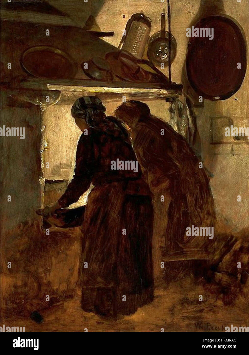 This painting by Piechowski portrays women at the stove, depicting a ...