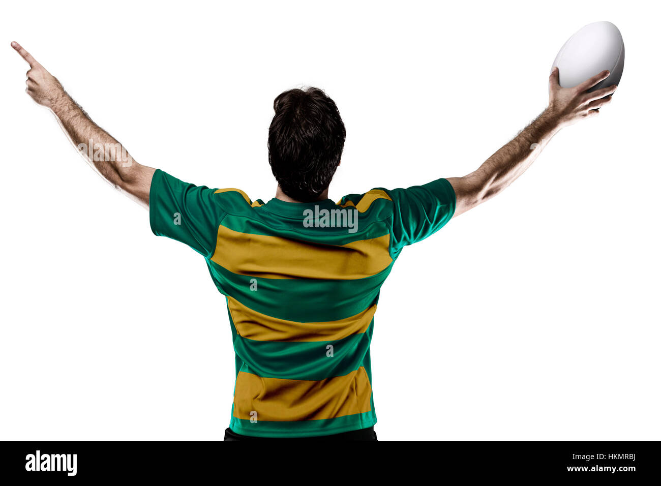 Rugby player in a green and gold uniform celebrating. White Background ...