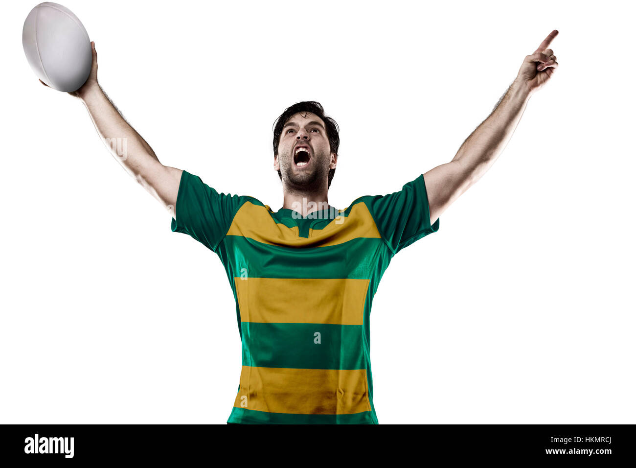 Rugby player in a green and gold uniform celebrating. White Background ...