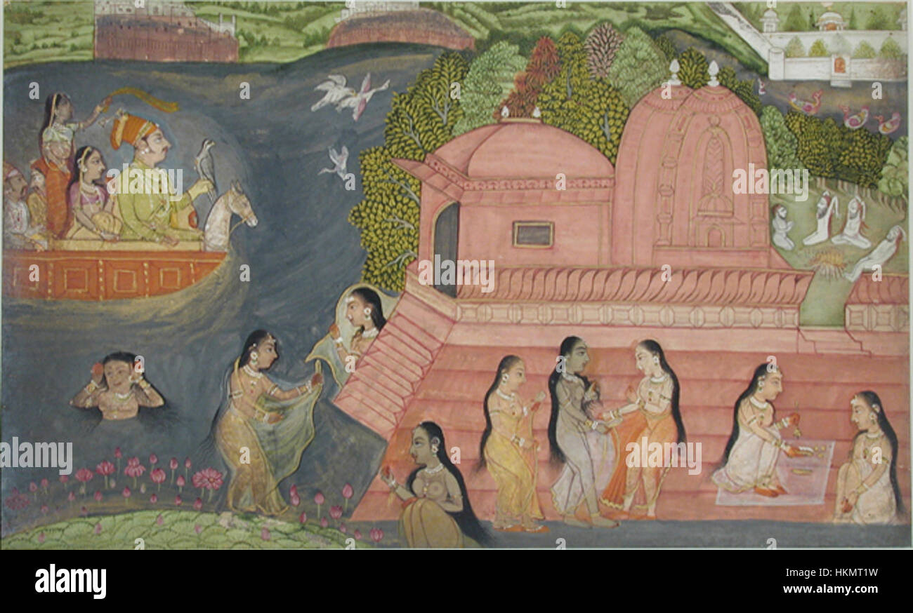 This painting depicts a scene from Indian royalty, where a Raja, or ...