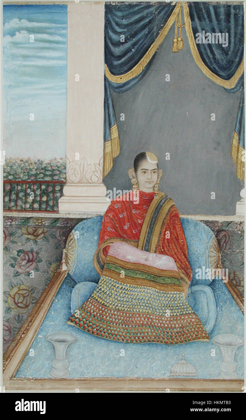 A painting of a princess seated on a terrace, showcasing the regal ...