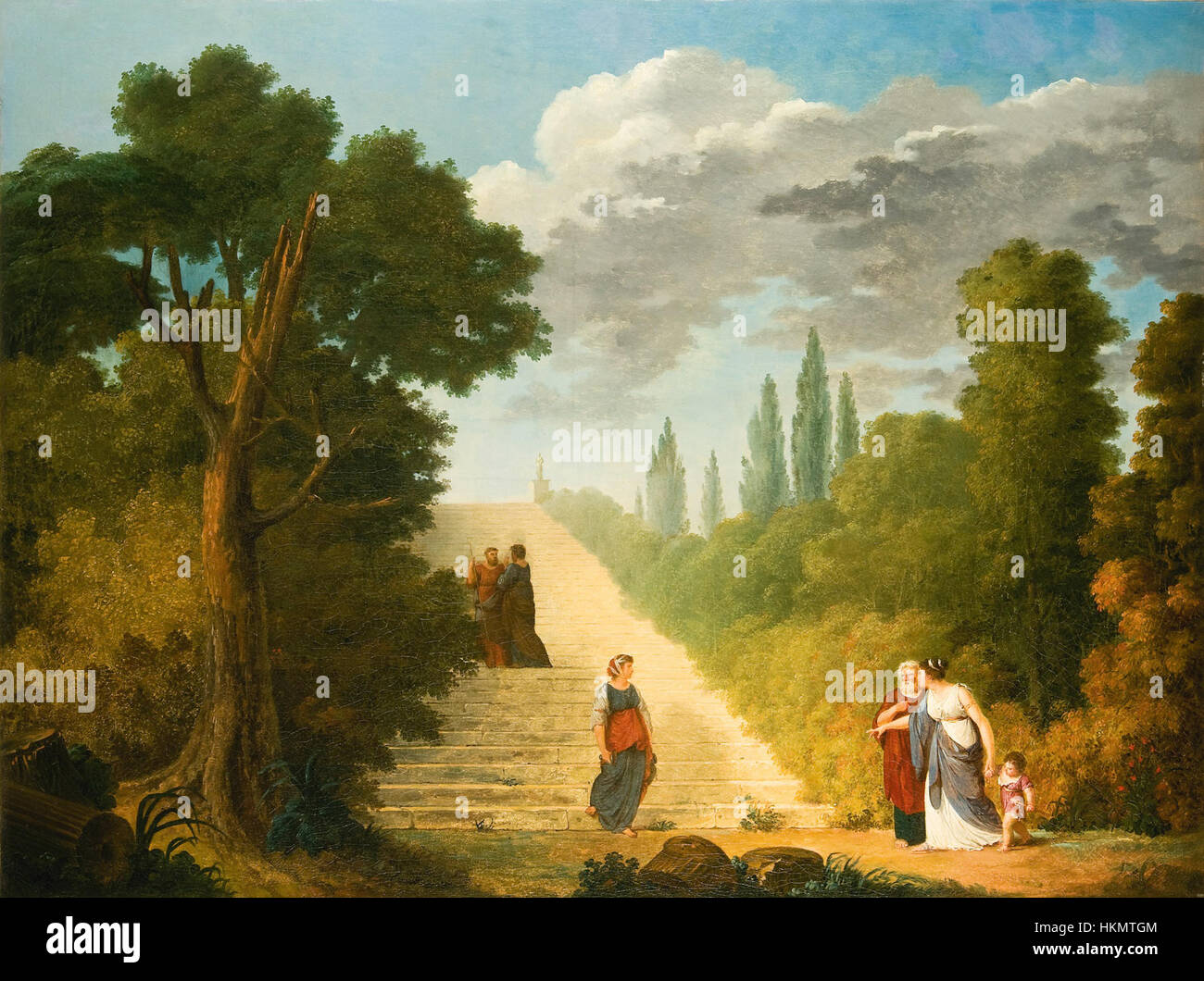 This painting depicts a grand staircase set within a beautifully ...