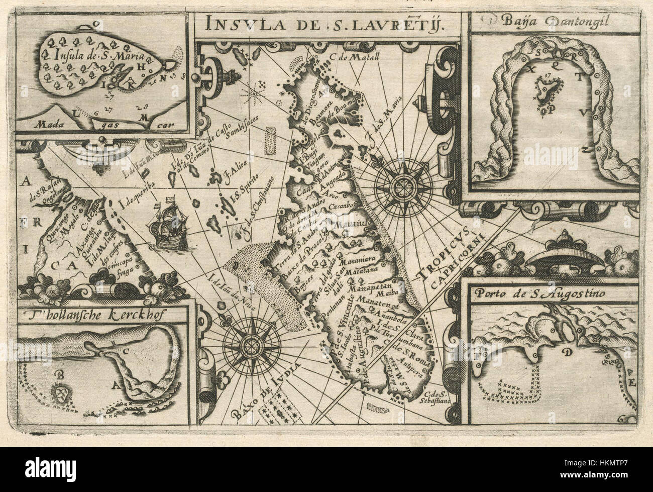 This historical map of Madagascar, featuring four inserts, provides ...