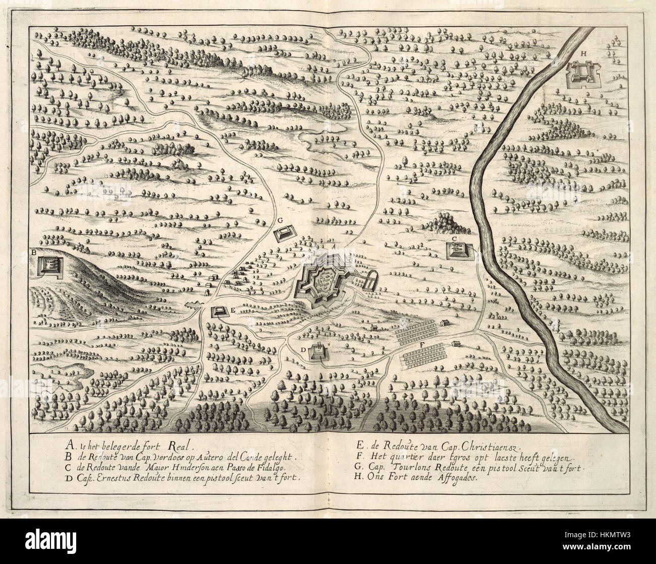 This bird’s-eye view illustration depicts the siege of Fort Real ...