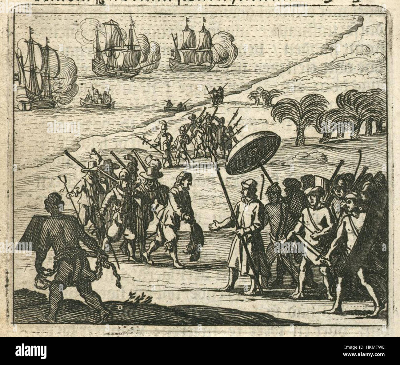 This oil painting depicts the arrival of Sebald de Weert in Matecalo, a ...