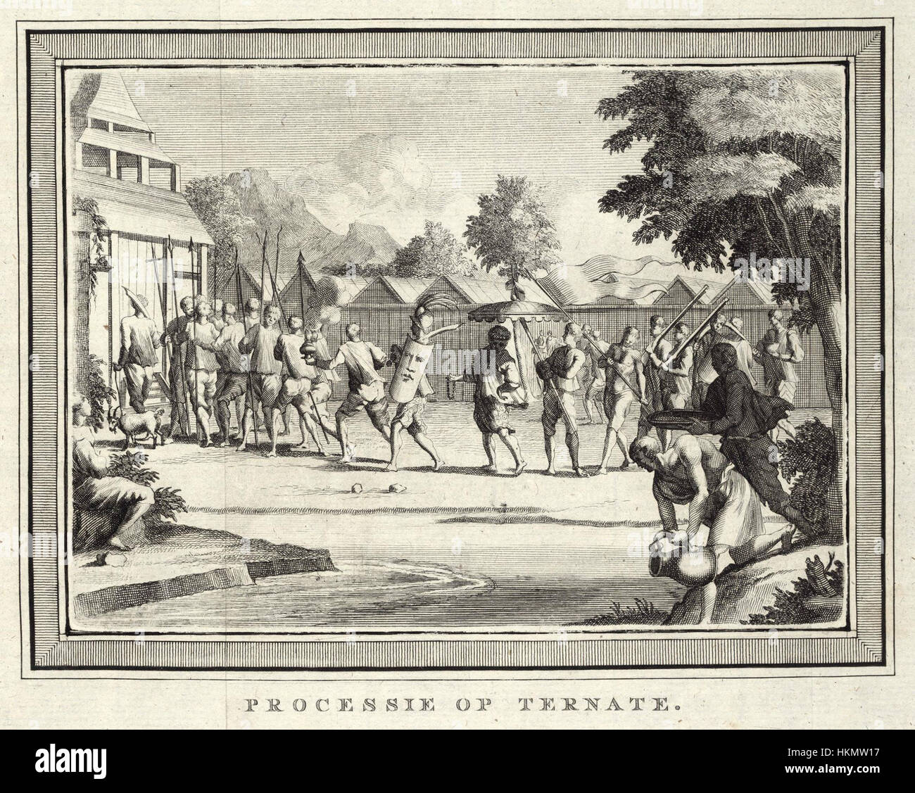 This historical artwork depicts a ceremonial procession on Ternate, an ...