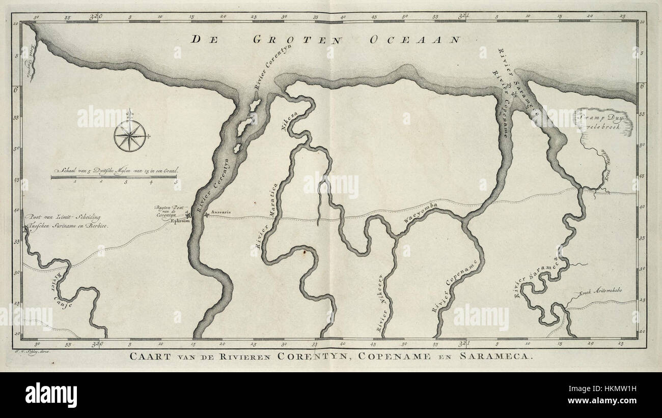 This historical map depicts the rivers of Corentyn, Copename, and ...