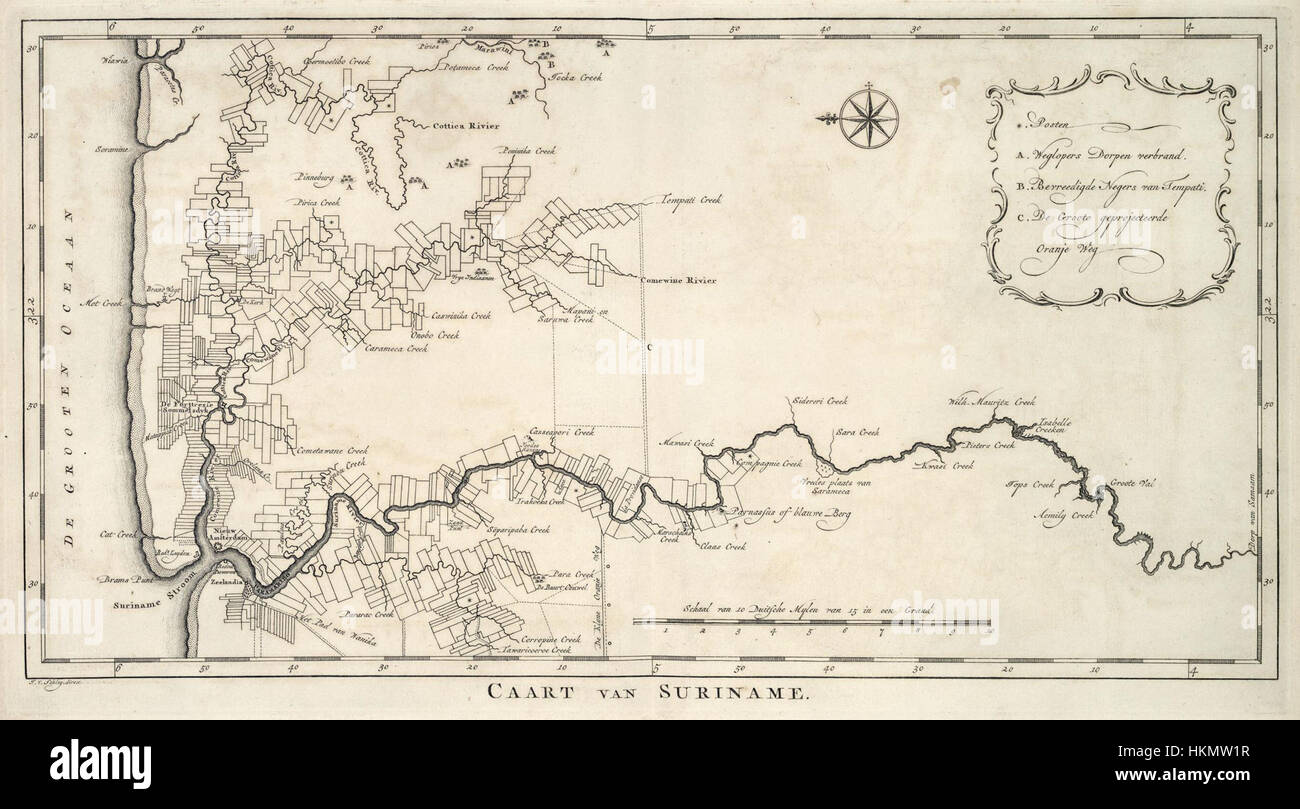 A historical map of Surinam, depicting the geography, settlements, and ...