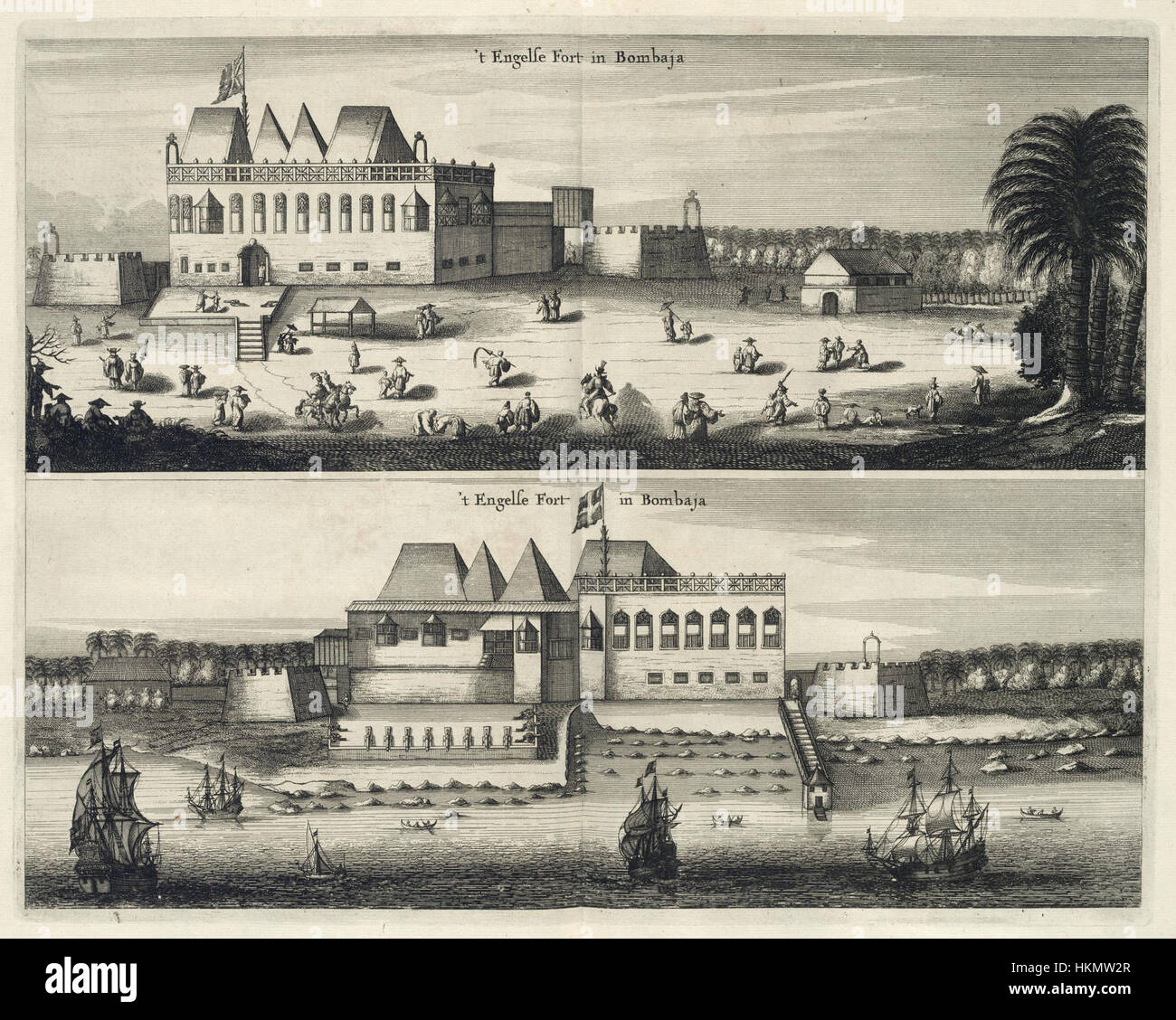These two views depict the English fort in Bombay, showcasing the ...