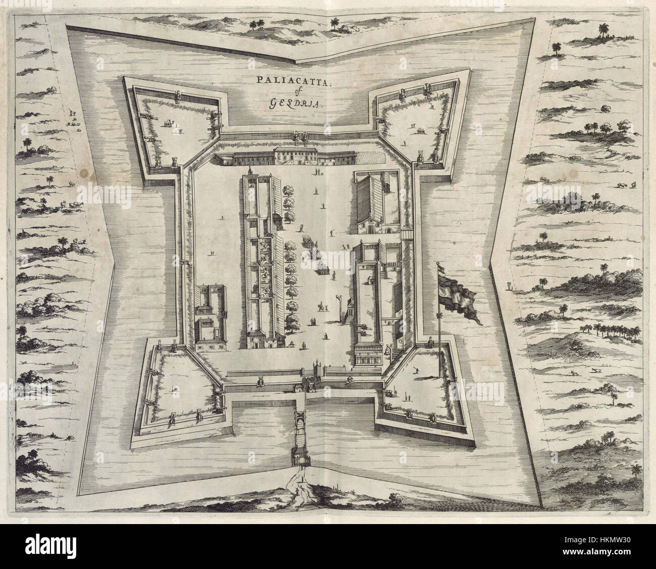This birdâ€™s-eye view of the fort of Geldria near Pallicate presents a ...