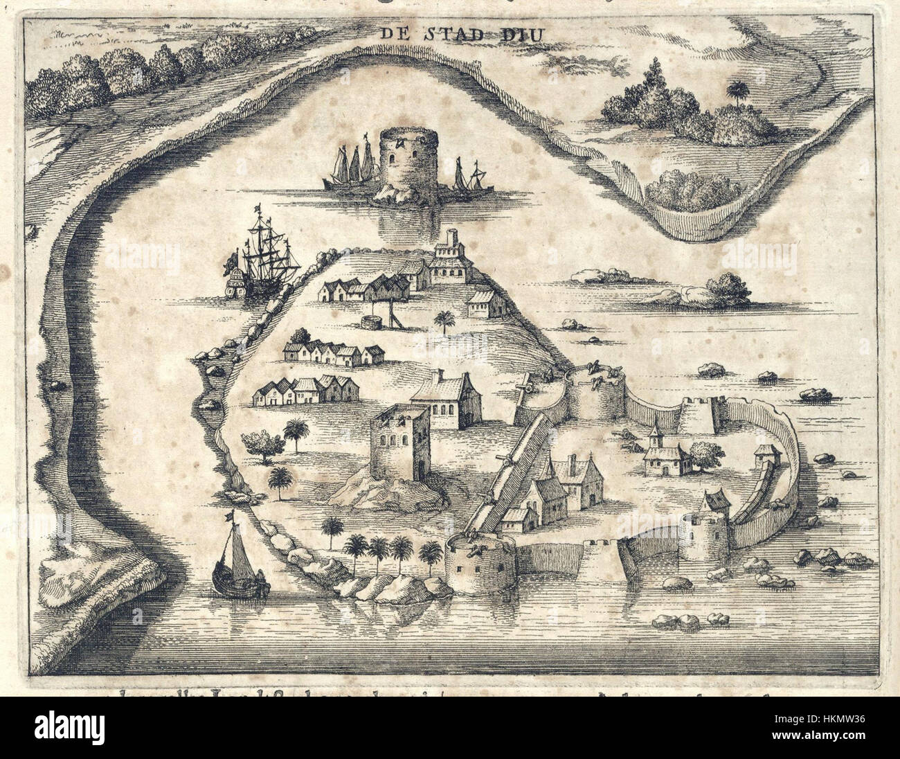 This historical artwork provides a bird's eye view of Diu, showcasing ...