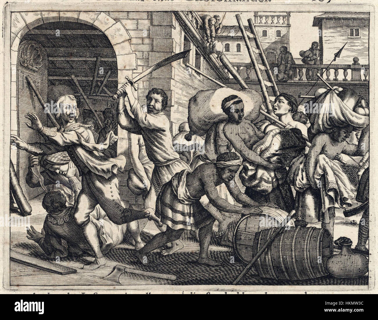 This historical painting depicts a Portuguese trading post in Calicut ...