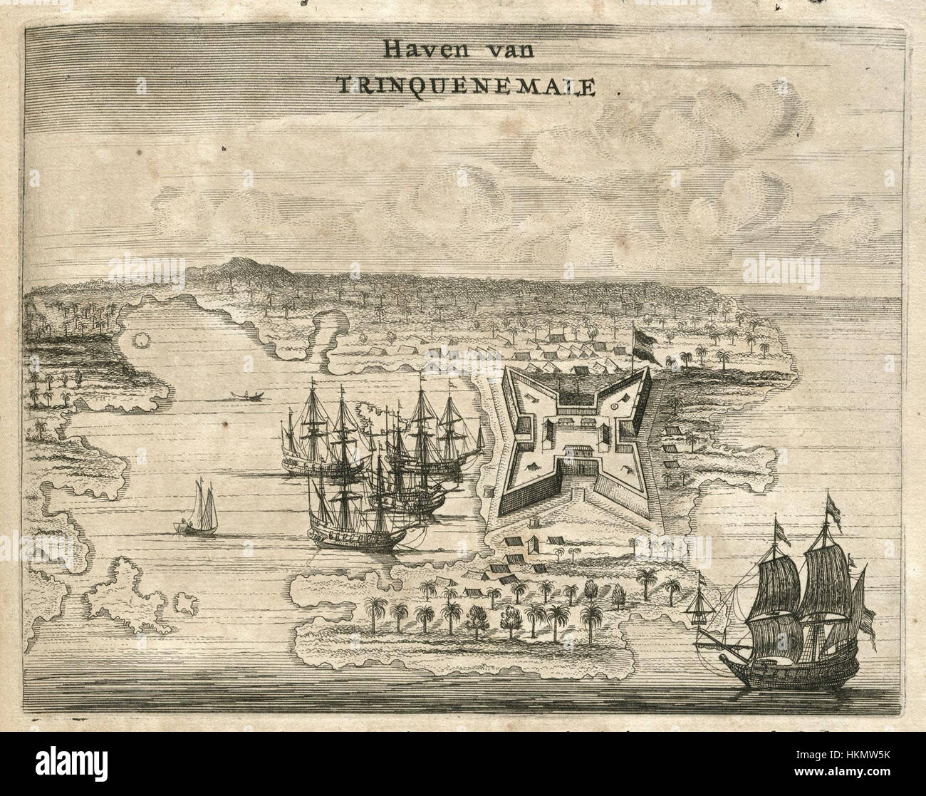 This historical artwork depicts the harbour of Trincomalee, a ...