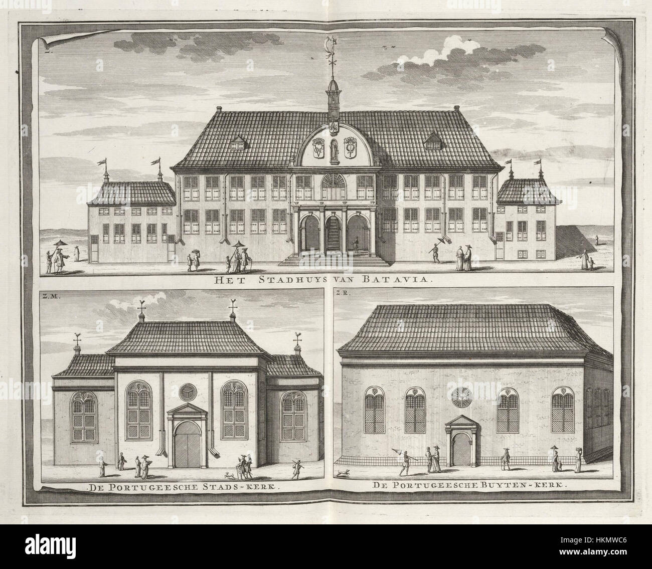 The artwork titled ‘Three views of buildings in Batavia’ illustrates ...